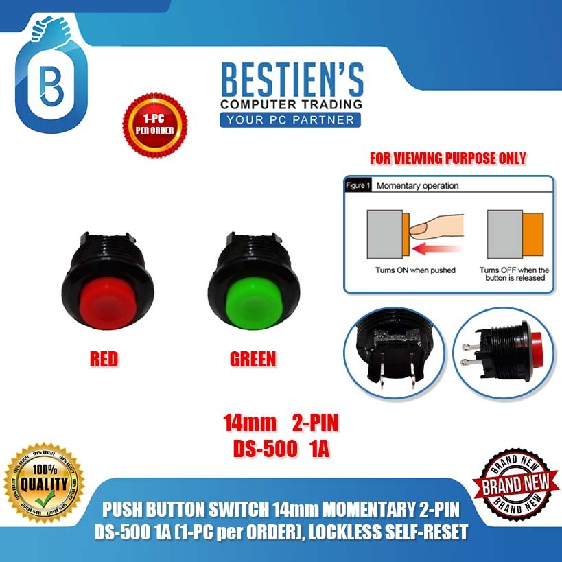 PUSH BUTTON SWITCH 14mm MOMENTARY 2-PIN DS-500 1A (1-PC per ORDER ...