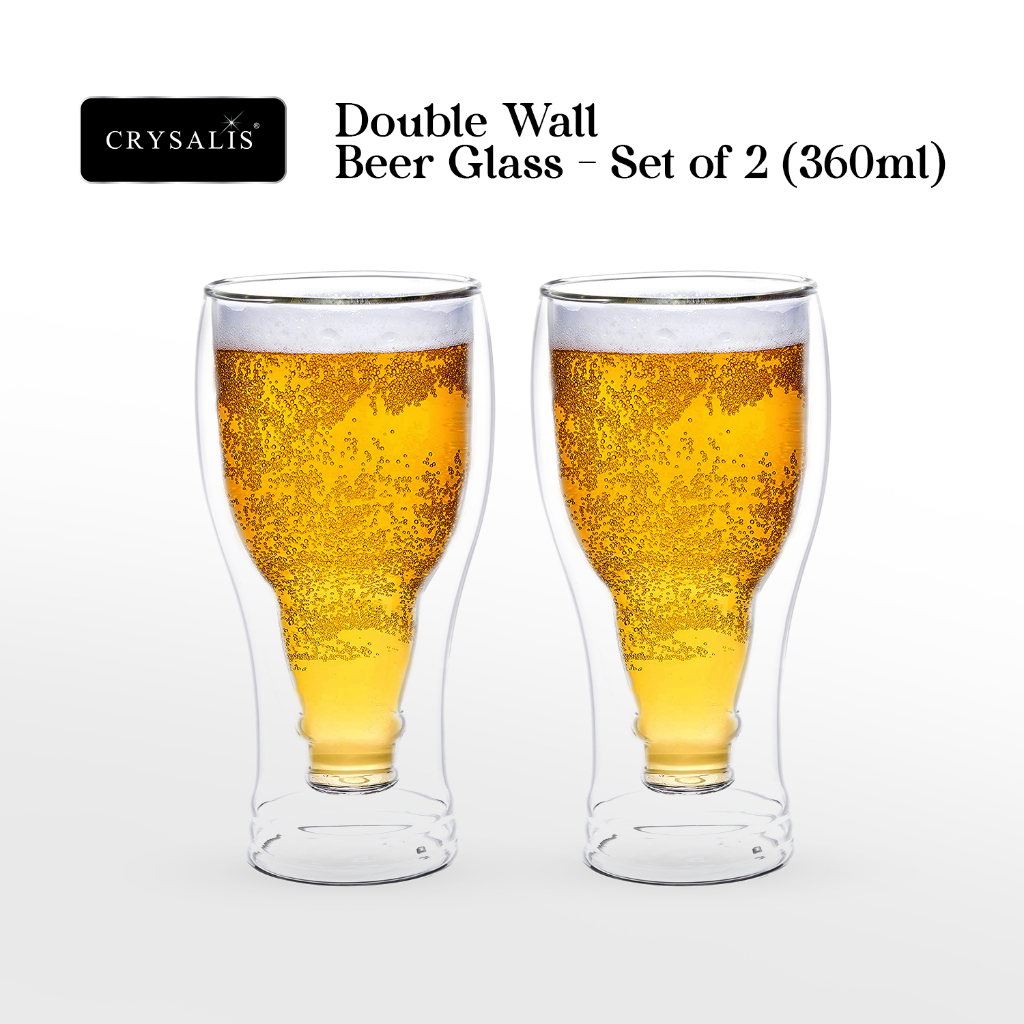 CRYSALIS Double Wall Beer Glass 360ml | 12.1oz [Set of 2] Liquor Drinking Glass Bar Essentials ...
