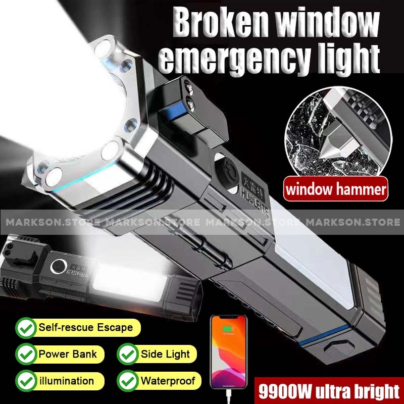 Multi-function Flashlight Super Bright LED Car Safety Hammer USB ...