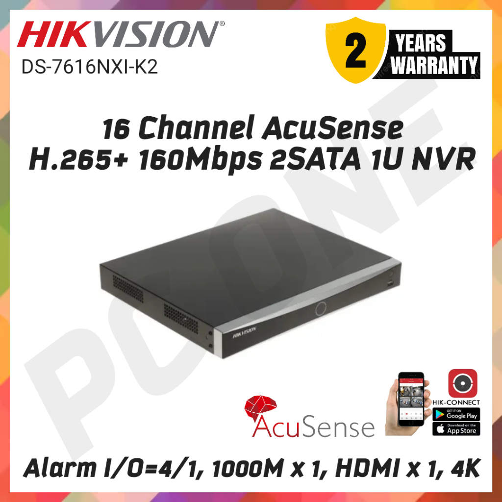 DS-7616NXI-K2 HIKVISION AcuSense H.265+ 160Mbps 16CH 2SATA 1U NVR Alarm I/O=4/1, 1000M x 1, HDMI ...