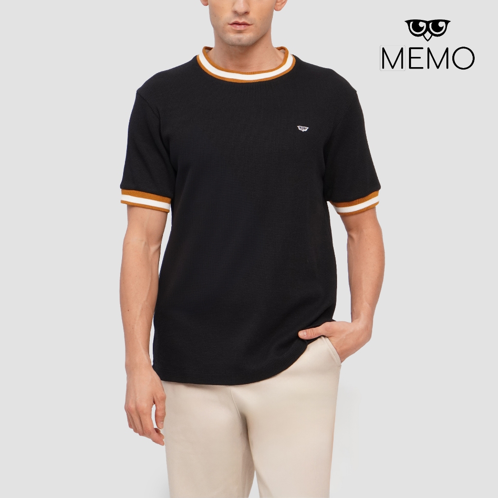 Memo Textured T-Shirt With Contrast Ribbing For Men (Black/Navy Blue ...