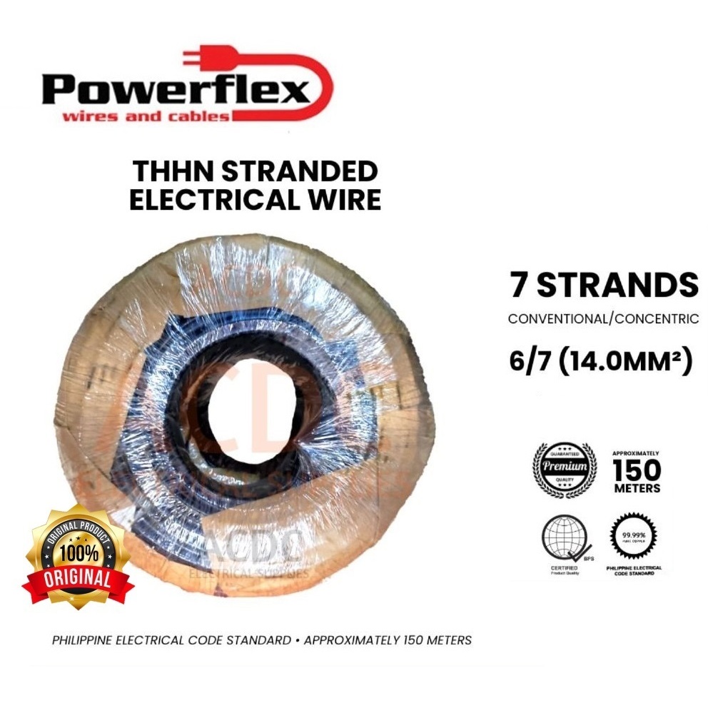 ORIGINAL POWERFLEX THHN THWN Stranded Wire AWG #6 14mm 7 strands 150m meters 6 14 mm 150 m 99.99 ...
