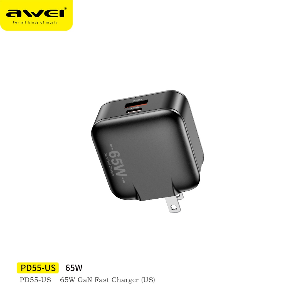 Awei PD55 65W GaN Fast Charger Mini 2Ports Type C USB | Shopee Philippines