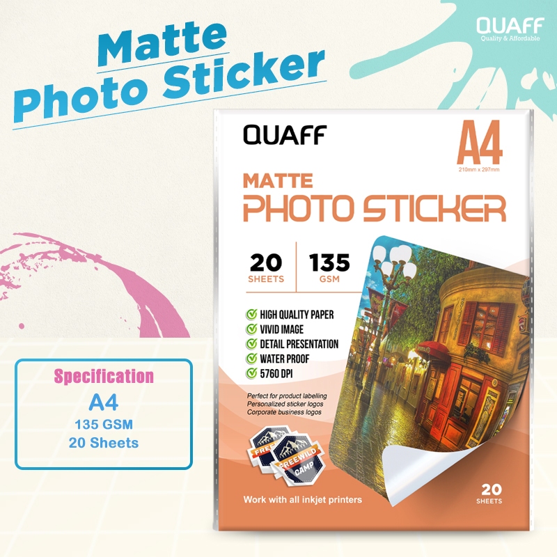 Quaff 135gsm Matte Photo Sticker Paper A4 Size (20 Sheets) | Shopee ...