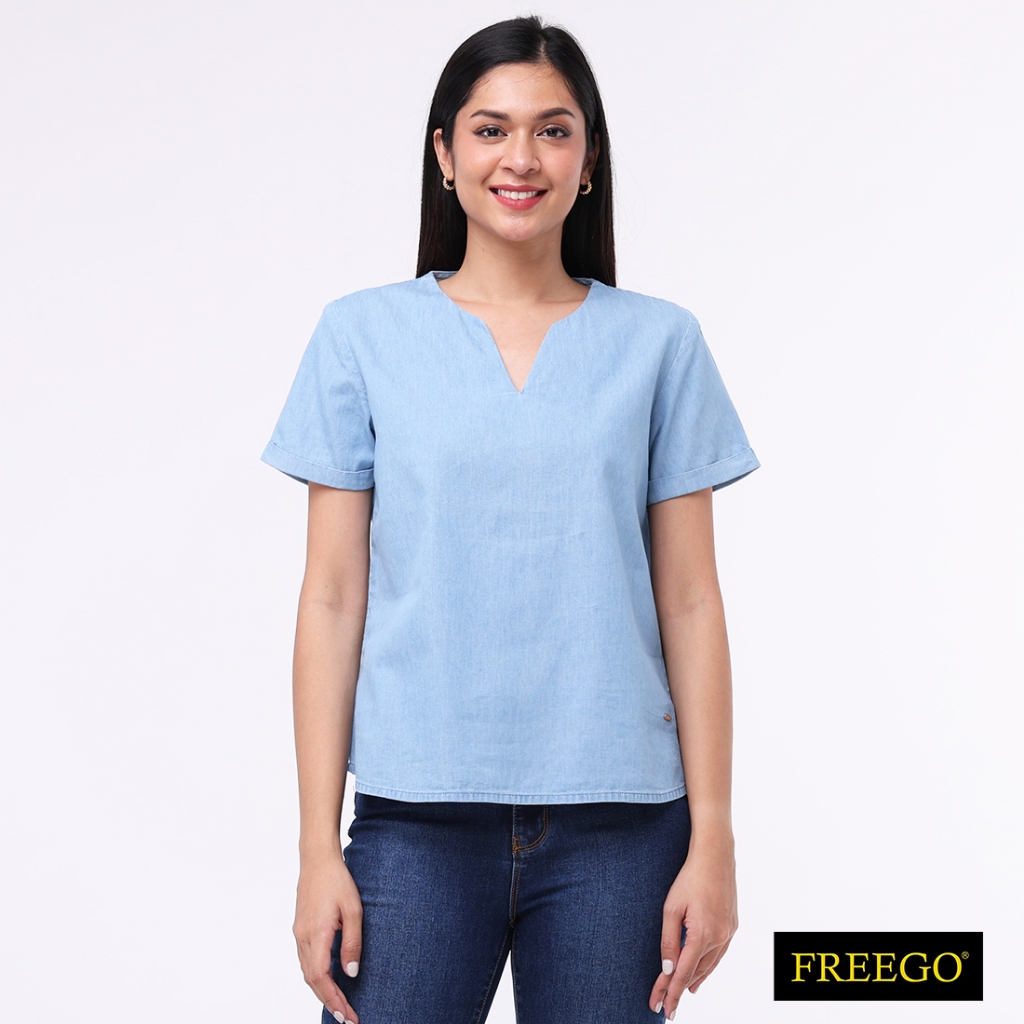 Freego Ladies Chambray Short Sleeve Blouse APT04-0043 | Shopee Philippines