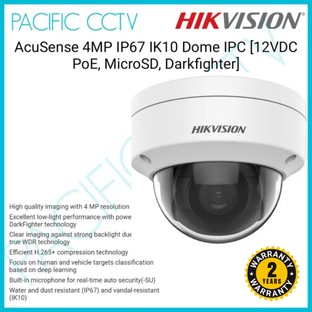 HIKVISION EasyIP AcuSense 4MP IP67 IK10 Dome IPC [12VDC/PoE, MicroSD, Darkfighter] DS-2CD2146G2 ...