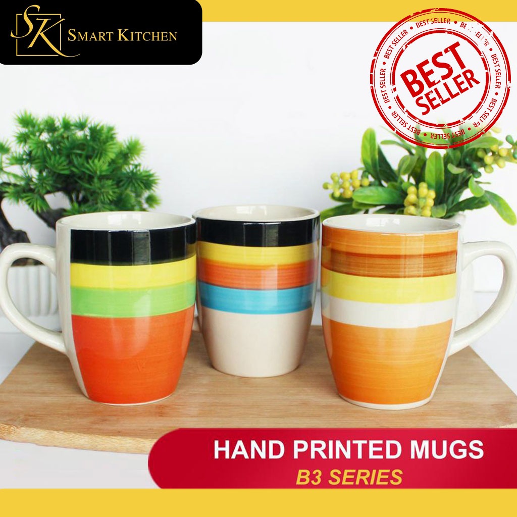 Hand Printed Design MUG-B1, B2, B3, B4 Cup Water Mugs with Handle Glass Cup for Coffee ceramic ...