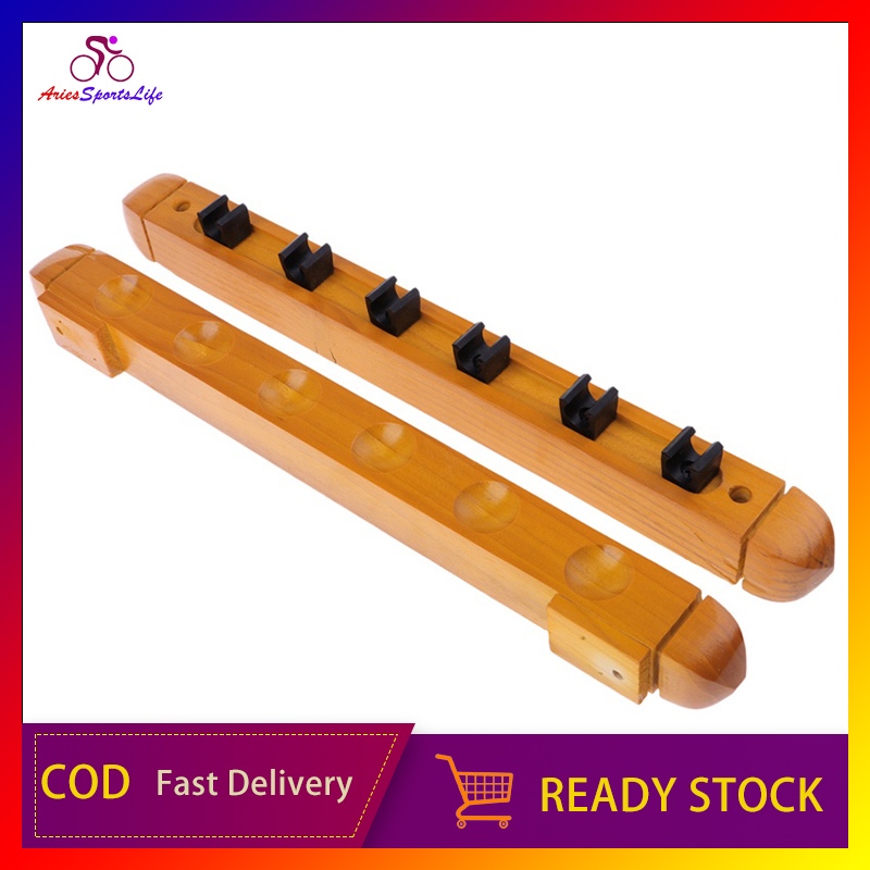 6 Holes Billiard Wall Mount Snooker Stick Rack Pool Cue Holder Wooden ...