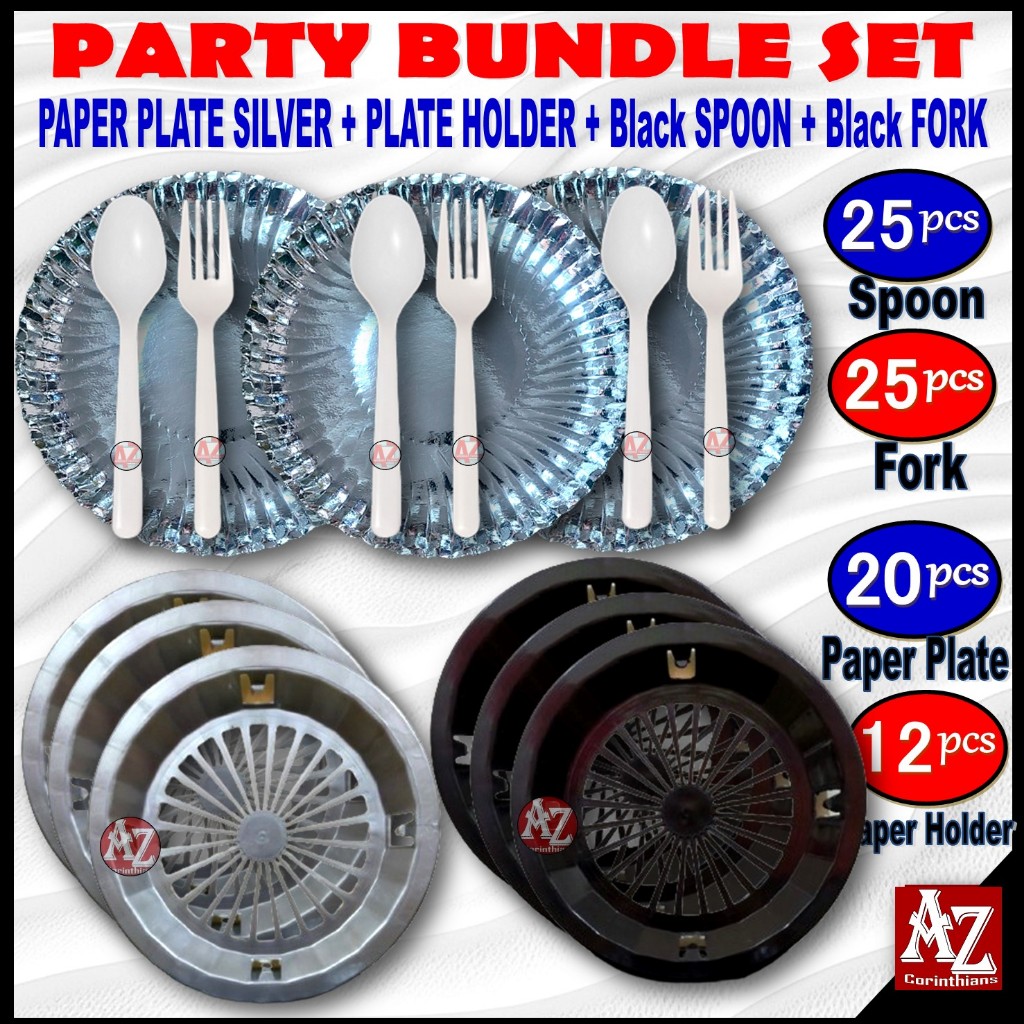 Party Bundle-Disposable Paper Plate, Reusable Plate Holder, Spoon ...