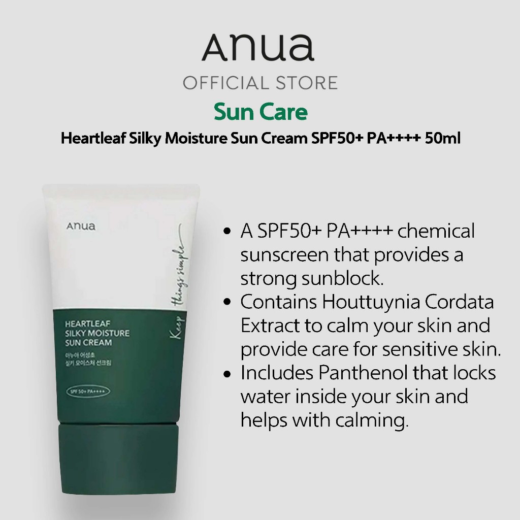 Anua Heartleaf Silky Moisture Sunscreen Sun Cream SPF50+ PA++++ 50 ml ...