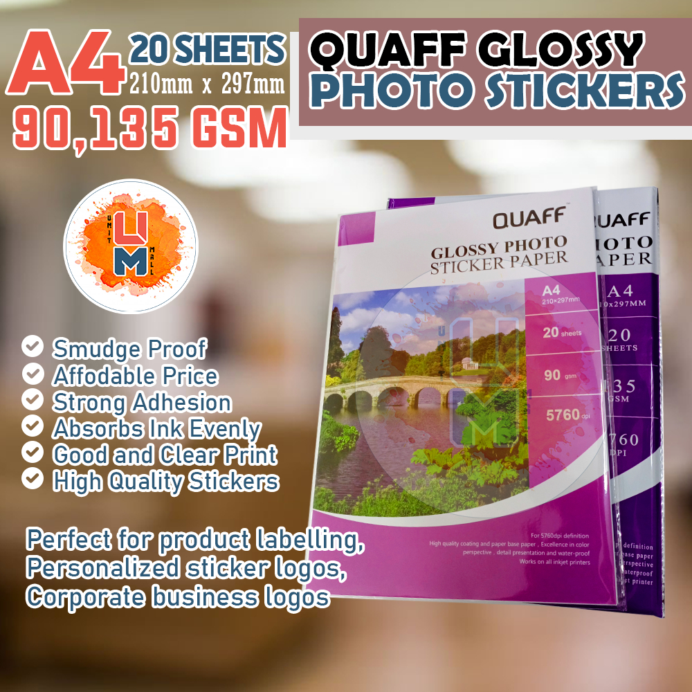 Quaff Glossy Photo Sticker Paper Papers - A4 Size 90gsm -135gsm 20 ...