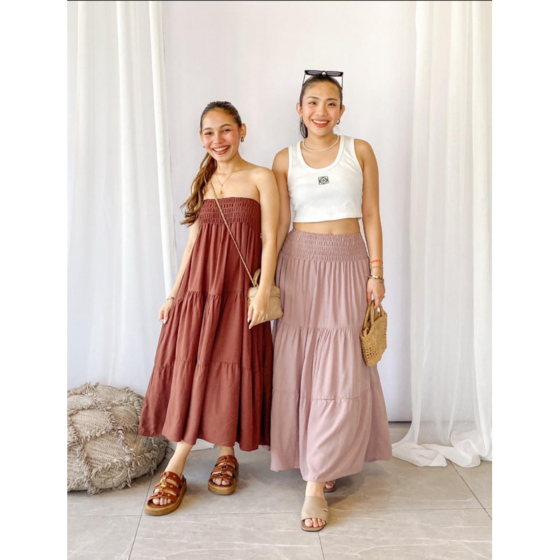 Felicity Long Skirt Plain Garter Waistline Premium Soft Linen | Shopee ...