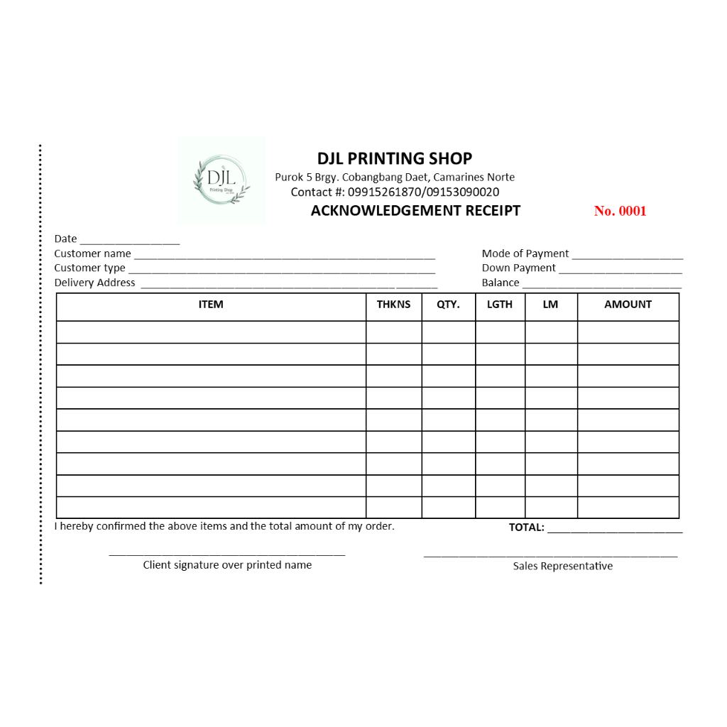 QUADRUPLICATE COPY COSTUMIZED CARBONIZED RECEIPT, , OR, DELIVERY ...