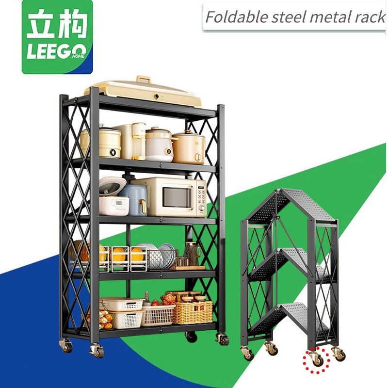 3-5 Layers foldable steel metal rack organizer shelf rack with wheels ...