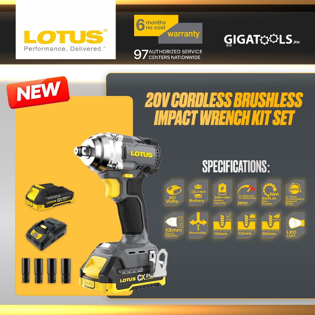 Lotus CXDS20V-310BL/2 Brushless Cordless 1/2" Impact Wrench 20V Max Kit ...