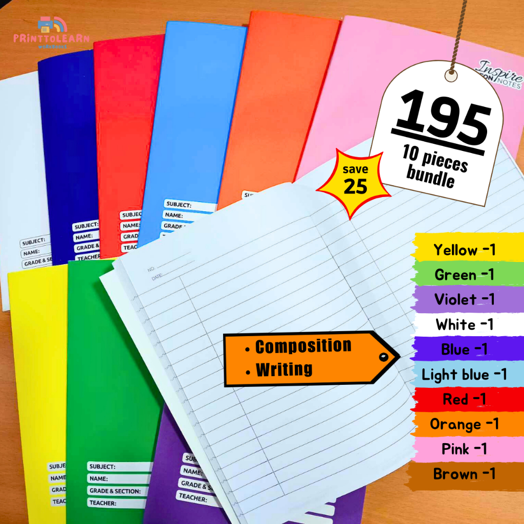 10 pcs. Compo & Writing Notebook Assorted Colors Plain for Grade One ...