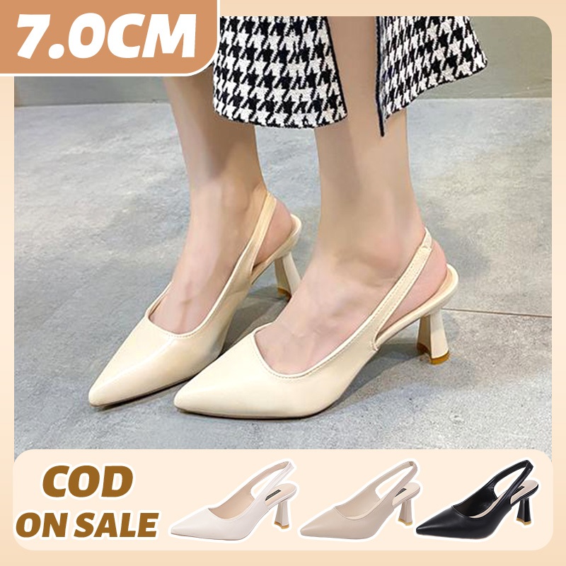 Korean 7cm Leather pointed toe Sandals Half close chunky high heel for ...