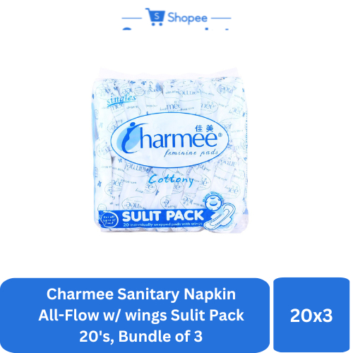 Charmee Sanitary Napkin All-Flow w/ wings Sulit Pack 20's, Bundle of 3 ...