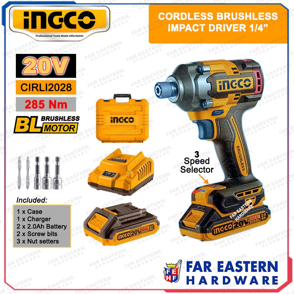 INGCO Cordless Brushless Impact Driver 20V 1/4" Hex CIRLI2028 ...