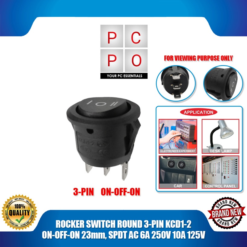 PC PO ROCKER SWITCH ROUND 3-PIN KCD1-2 ON-OFF-ON 23mm, SPDT AC 6A 250V ...