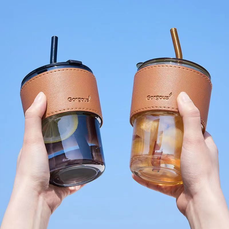 COD Glass Straw Cup Transparent Coffee Cup 450ml Glass Cup With Lid Hot ...