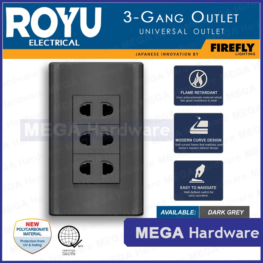 ROYU Plano Series Dark Grey Universal Outlet & Switch (1Gang, 2Gang ...