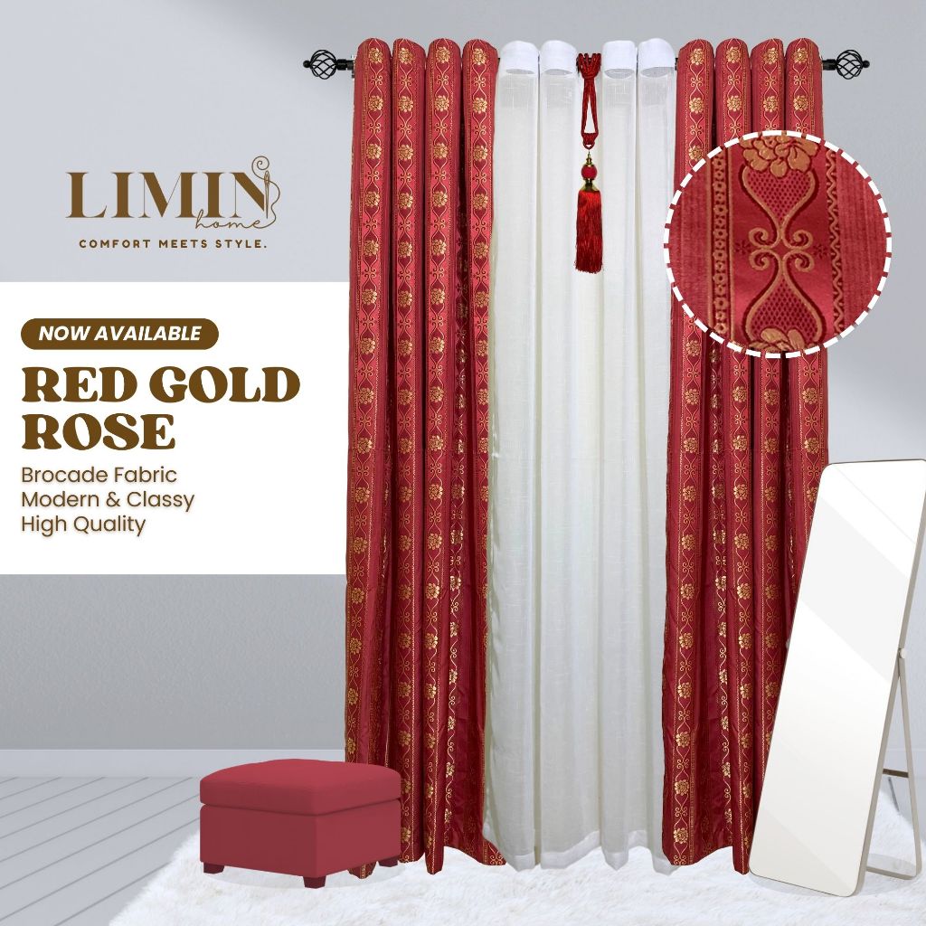 LIMIN Red Gold Rose Design Curtain for Window | 8 Ring | 7ft | 3 in 1 ...