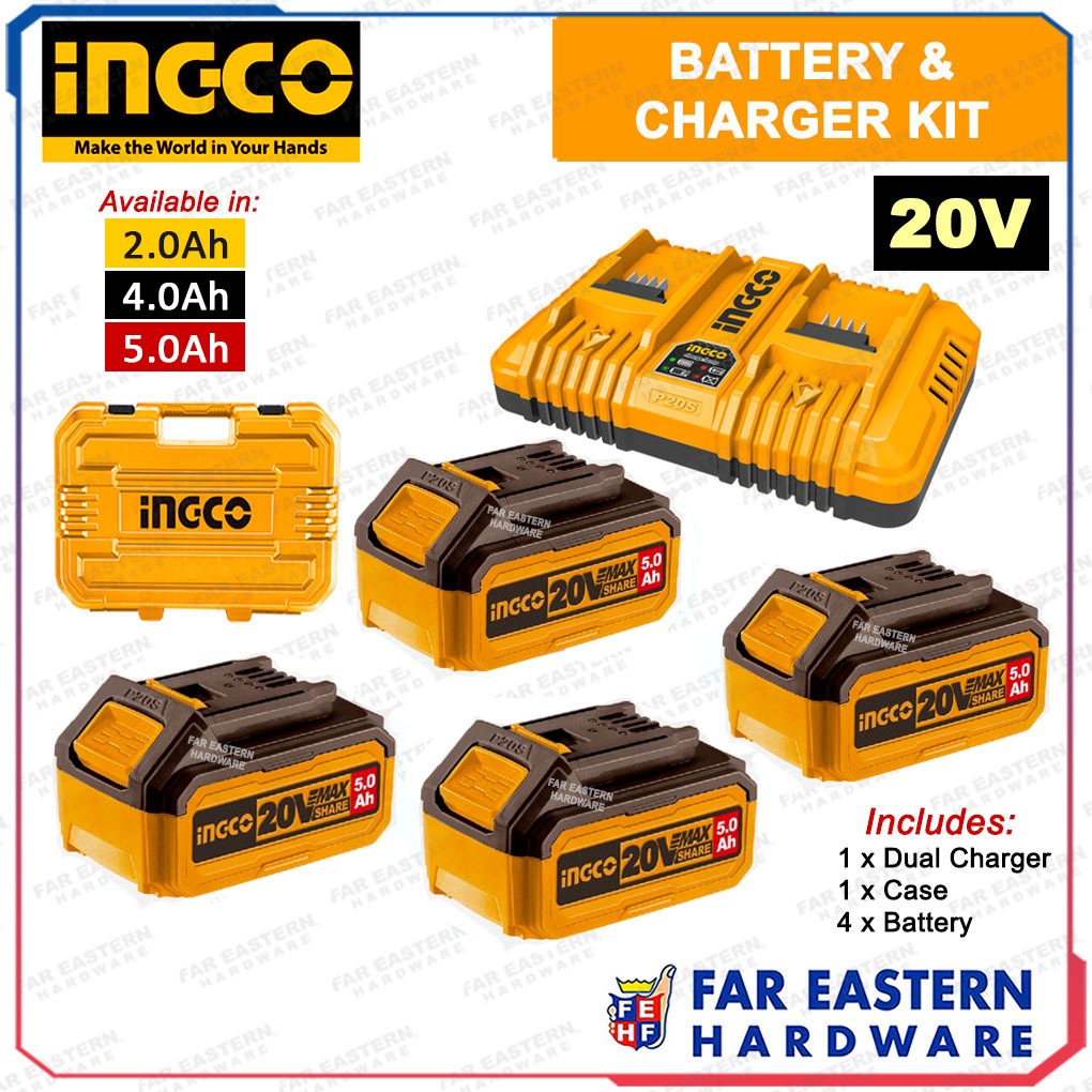 INGCO Battery & Charger Kit 20V for Cordless Power Tools 2.0Ah | 4.0Ah ...