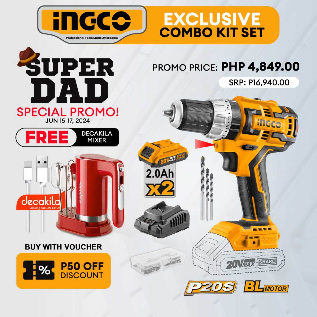 Ingco Cordless Combo Kit Set Impact Drill w/ Kitchen Mixer COSLI23023 ...