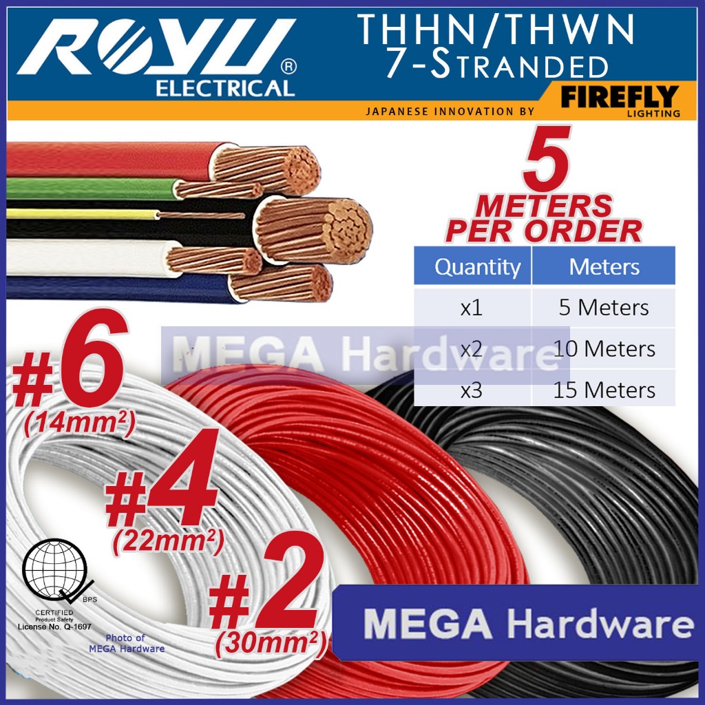 ROYU THHN/THWN-2 7 Stranded Wire (# 6, 4, 2) SOLD PER 5 METERS 14mm² ...