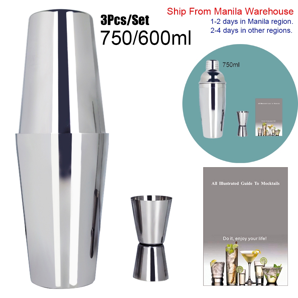 Ship Local 3Pcs 750/600ml Boston Cocktail Shaker With 15/30ml Jigger ...