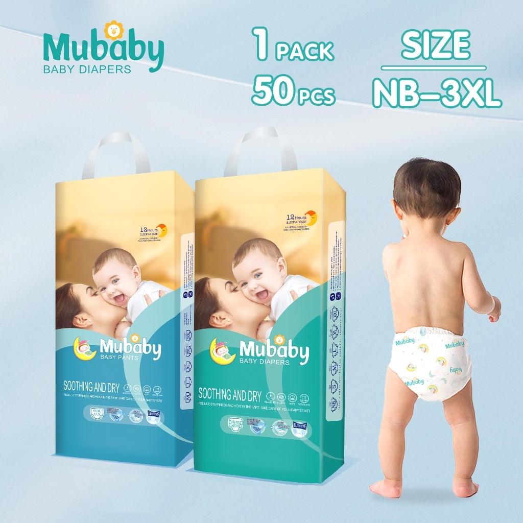 Newborn Tape/Pants Mubaby Diaper 50pcs M ,L,XL,XXL,XXXL Unisex and Dry Breathable baby Diaper ...