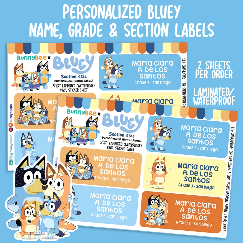Personalized Bluey Name Grade & Section Labels Laminated Waterproof ...