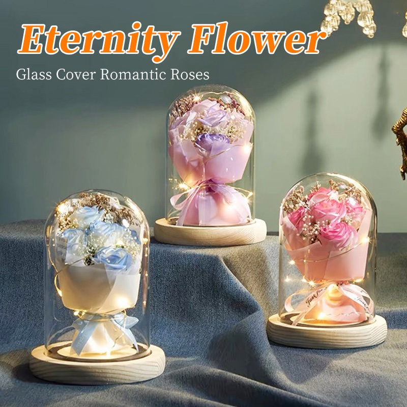 Artificial Rose Flower Glass Cover Dome Eternal Flower Bouquet LED ...