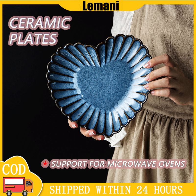 Ceramic Plates Glaze Blue Heart Shape Microwavable Plate Ceramic Food ...
