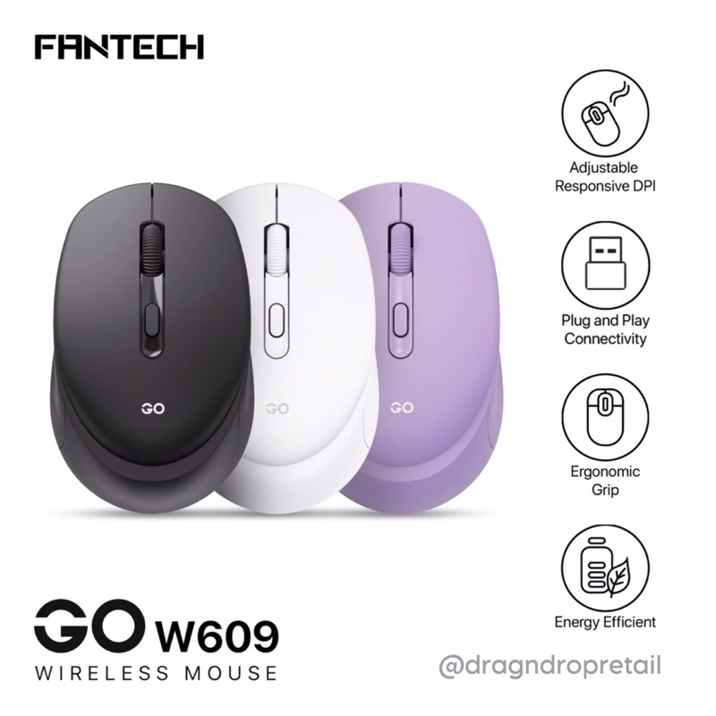 FANTECH GO W609 Wireless Optical Mouse 2.4 Ghz Mice 1600 DPI (Black, White, Purple) | Shopee ...
