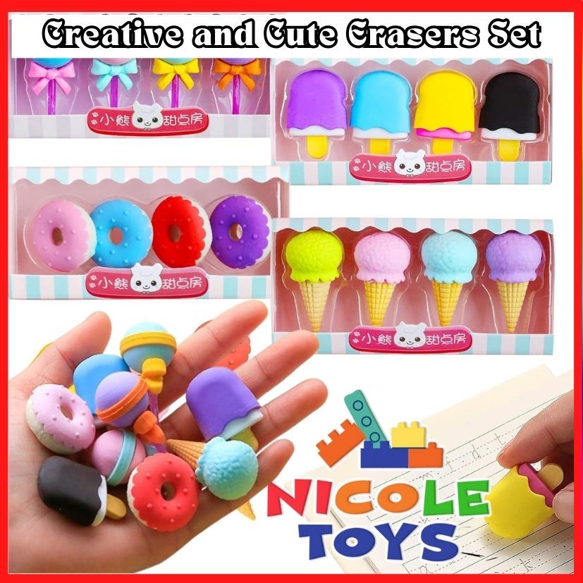 4Pcs/Set Cute Lollipop Ice Cream Donut Erasers Student Writing ...