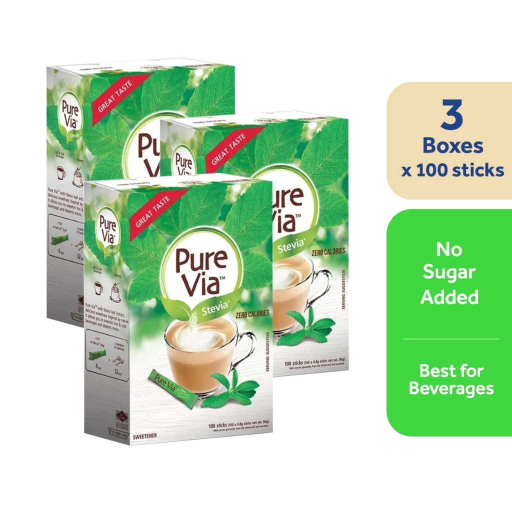 Pure Via Stevia Zero Calorie Sweetener 100 Sticks - 3 Boxes (Stevia ...