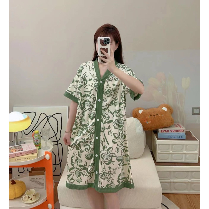 Korean style Daster cotton V-neck cardigan fashionable nightgown ...