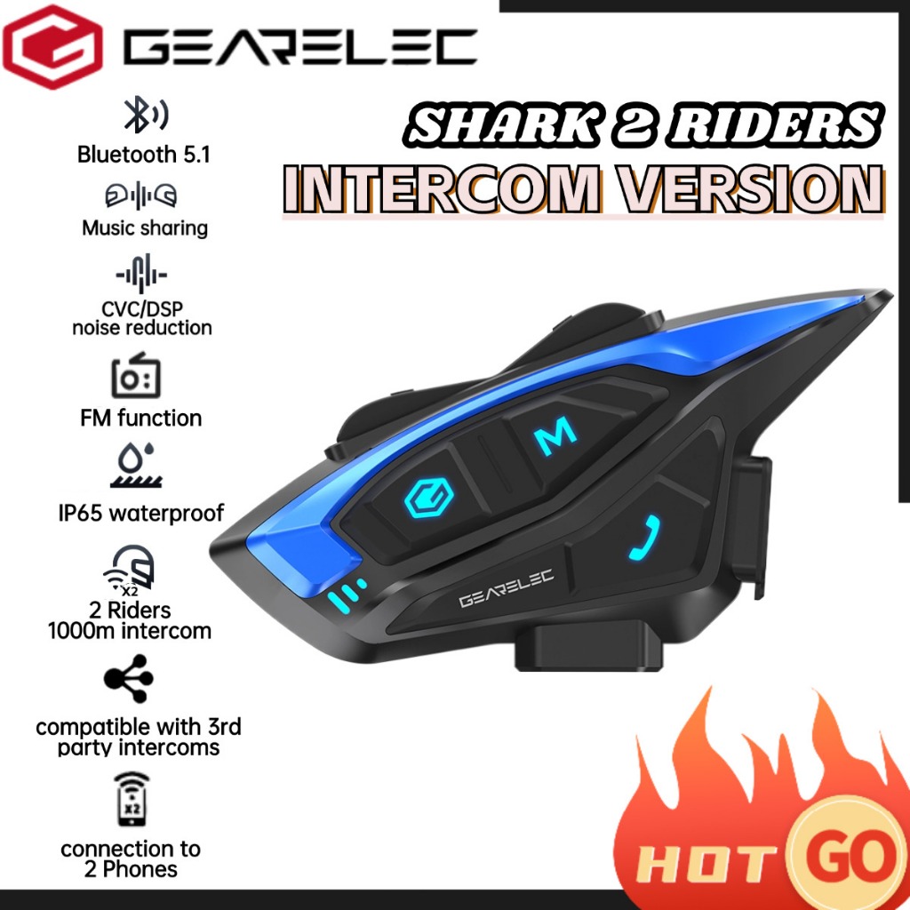 GEARELEC Shark Bluetooth Motorcycle Intercom Helmet Headset 1000m ...