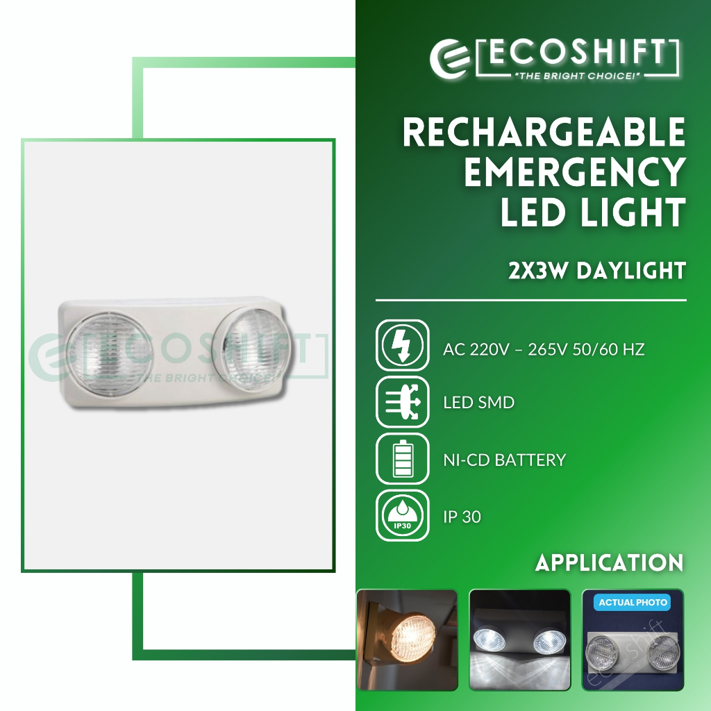 Ecoshift Rechargeable LED Emergency Lights Twin Head 2x3W Daylight ...
