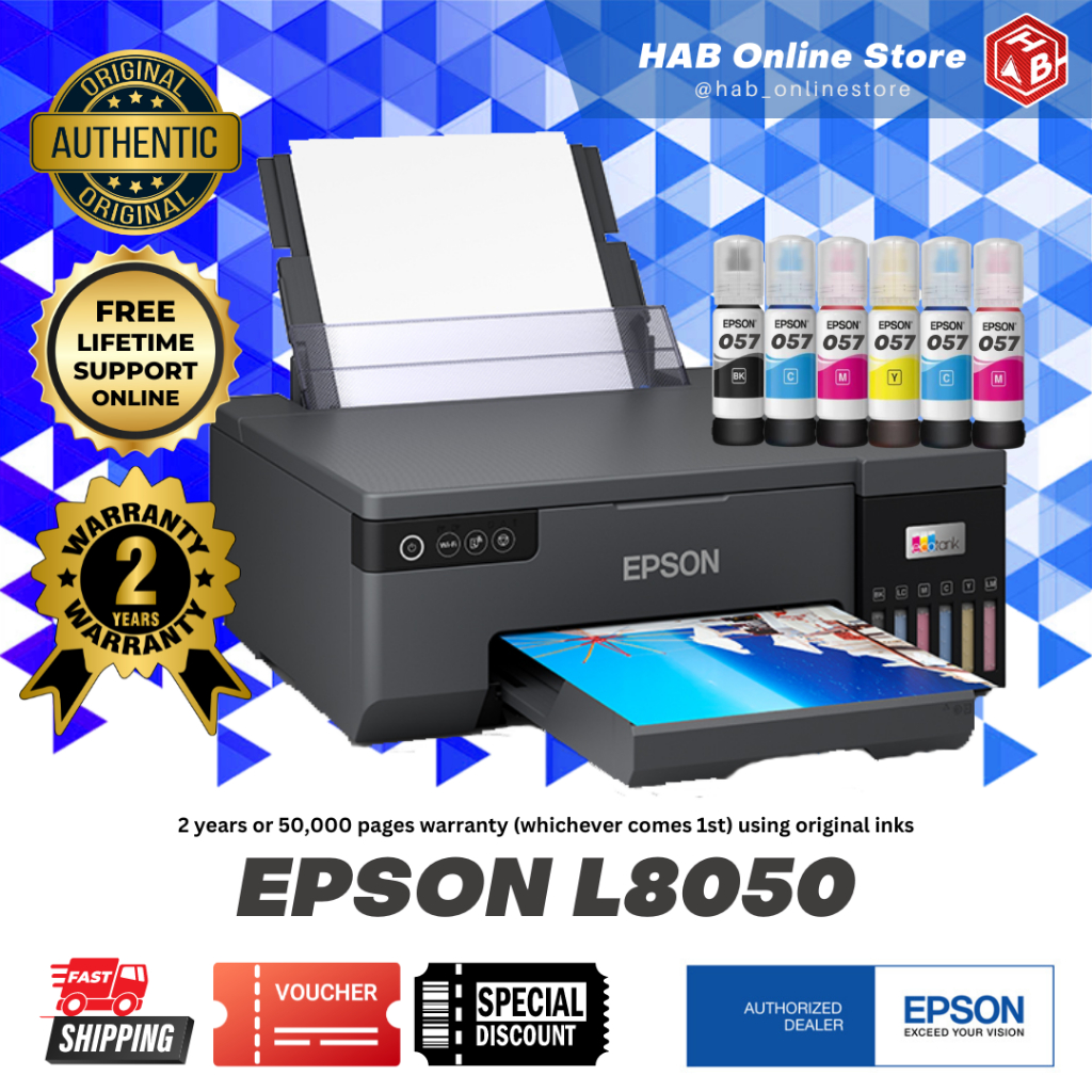 Epson L8050 Wireless EcoTank 6 colors Printer Borderless 300 gsm Wi-Fi ...