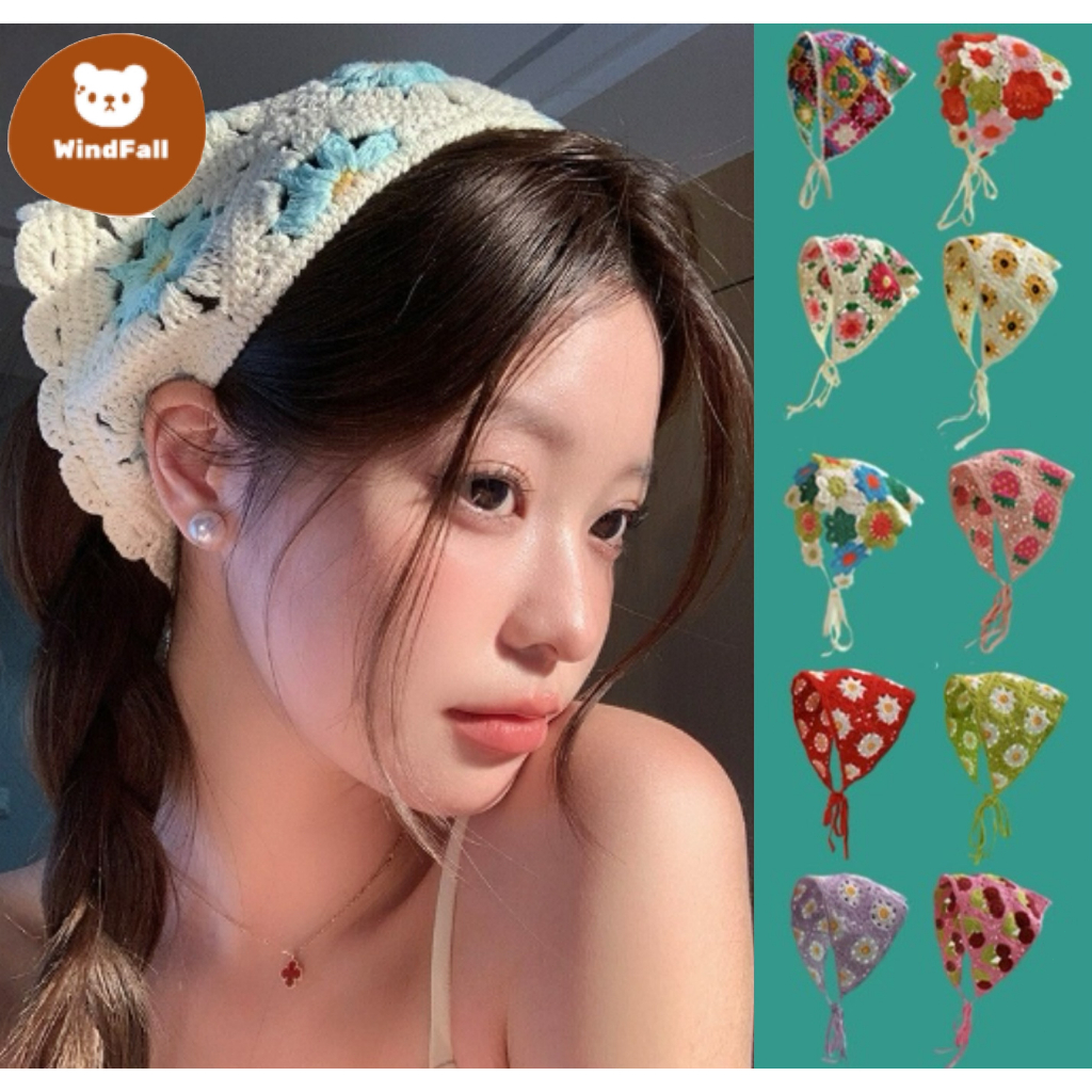 French Knitted Crocheted Hollow Triangle Scarf Turban Head Kerchief ...