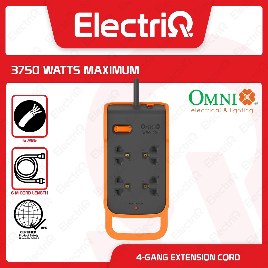 Electriq l Omni Heavy Duty 4-Gang Extension Cord 6m 250V~ / 15A / 3750 ...