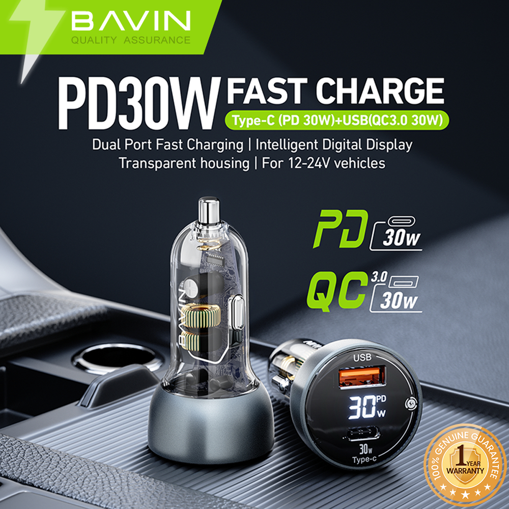 BAVIN PC973 30W PD Fast Charging Car Charger PD+QC3.0 USB Port Built-In ...