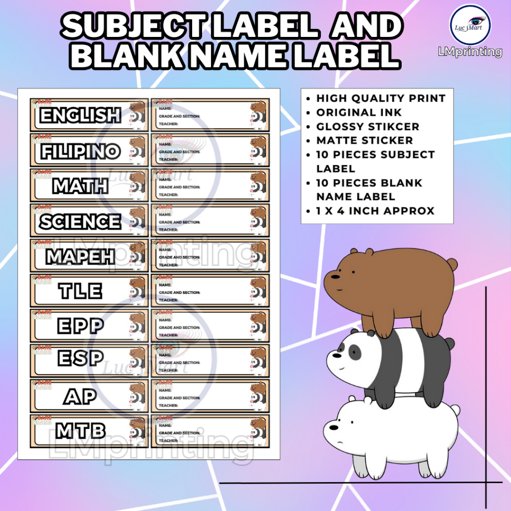 LUCSMART Prints BARE BEARS Inspired Sticker and Name Label Set with 10 ...