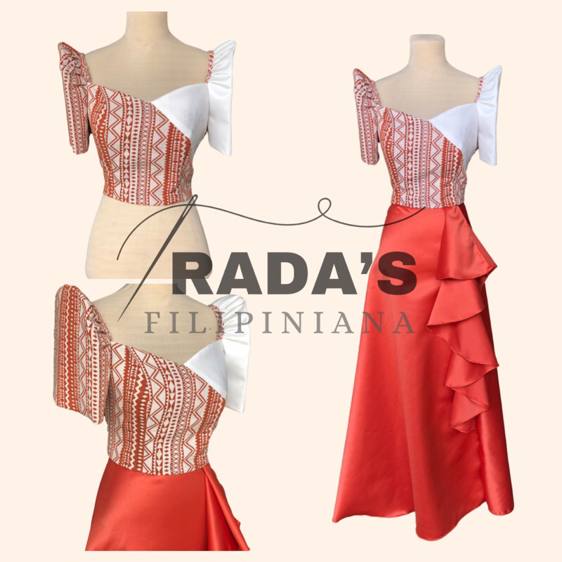 Ethnic Modern Filipiniana Rust Orange Top with Ruffles Skirt | Shopee ...
