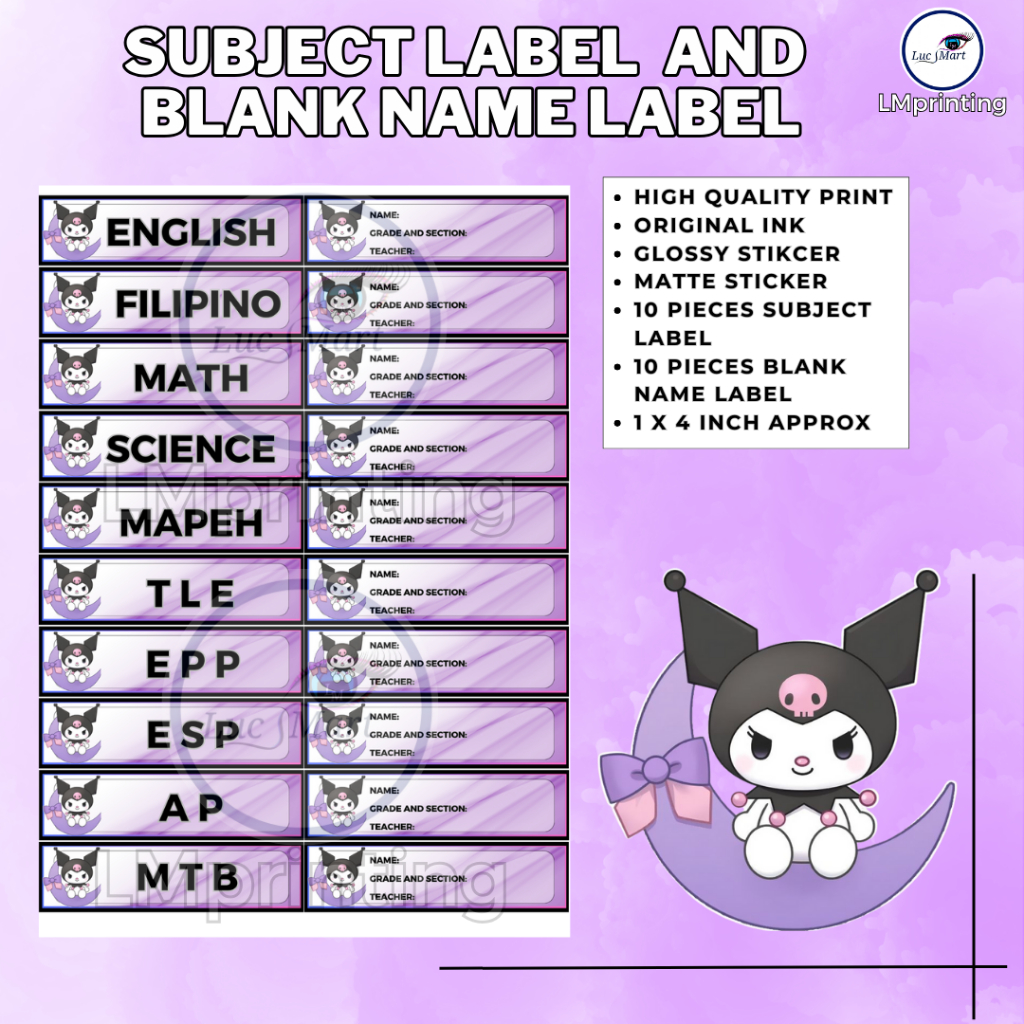 LUCSMART printsNcrafts NEW DESIGN KUROMI subject and Name Label Set with 10 Subjects, Matte and ...