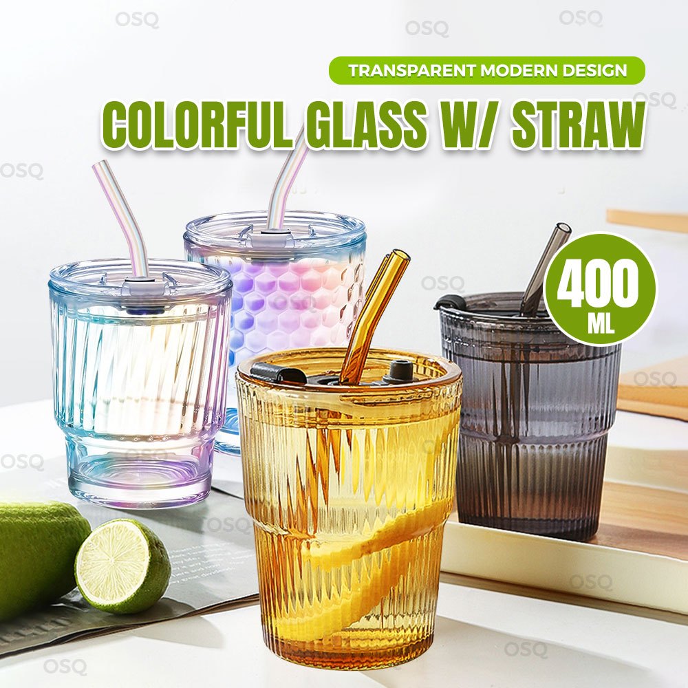 OSQ 400/450ml Double Glass Heat Resistant Hologram Stripe & Point Design Lid Mug With Straw ...