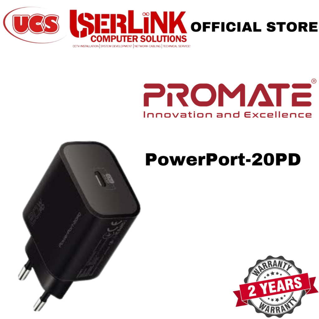 Promate POWERPORT-20PD 20W Power Delivery USB-C Wall Charger - BLack ...